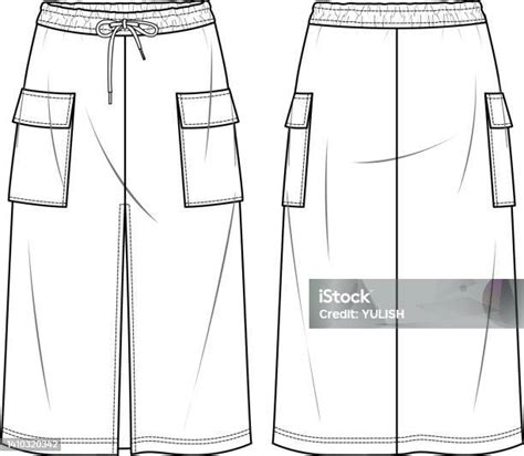 허리 밴드 패션 Cad와 벡터 유틸리티 스타일 미디 스커트 사이드 포켓 스케치 템플릿 플랫 기술 도면과 여성 긴 스커트 저지 또는 짠 직물 스커트 전면 후면보기 흰색 색상