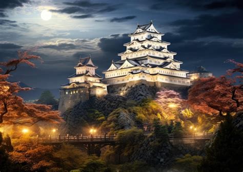 Premium Ai Image A Beautiful Night View Of The Historic Himeji Castle