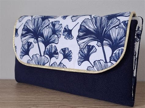 Portefeuille Femme Velours Bleu Nuit Et Coton Imprimé Portefeuille Fait Main Porte Carte Tissu