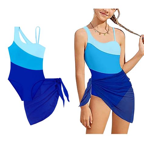 Girls Swimsuit 2 Piece Set With Ruffle Skirt Color Block Bathing Suit