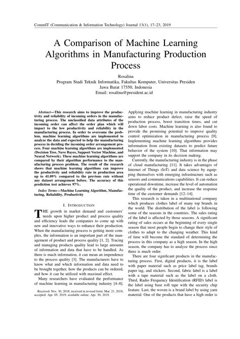 Pdf A Comparison Of Machine Learning Algorithms In Manufacturing