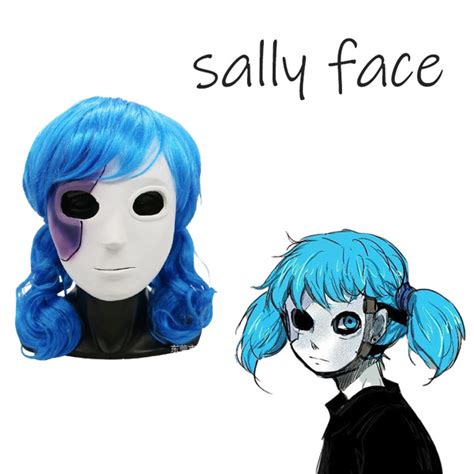 Sally Face Cosplay Props Sally Latex Face Mask Wig Short Blue Heat Resistant Synthetic Hair Clip