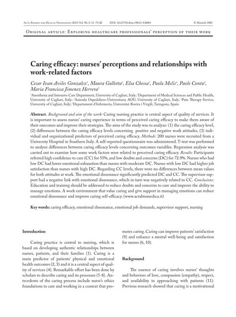 Pdf Caring Efficacy Nurses Perceptions And Relationships With Work Related Factors