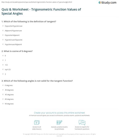 Quiz And Worksheet Trigonometric Function Values Of Special Angles