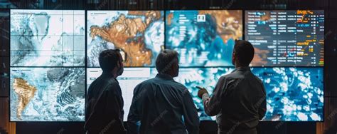 Three Professionals Analyzing Maps And Data On Multiple Large Screens In A Control Room Focusing