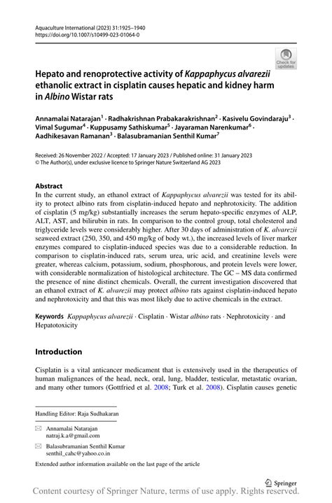 Hepato And Renoprotective Activity Of Kappaphycus Alvarezii Ethanolic