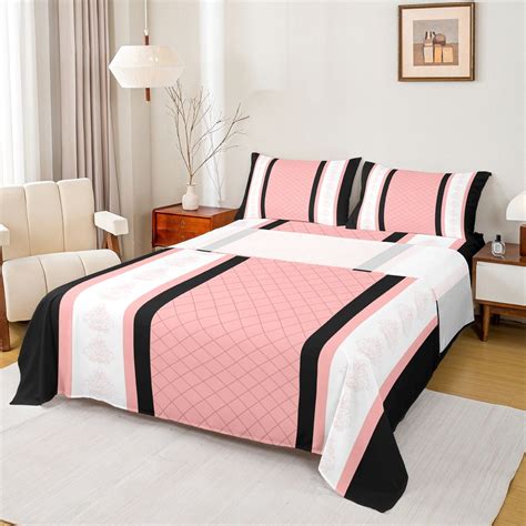 Jejeloiu Geometric Rhombus Pattern Bed Sheets Rustic Baroque Floral King Sheets Pink Black Lines