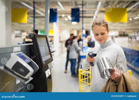 Pretty Young Woman Using Self Service Checkout In A Store Stock Image Image Of Consumer