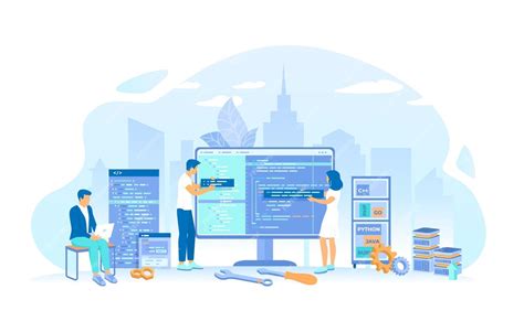 Premium Vector Team Of Programmers Write Program Code On A Big Monitor Screen Backend