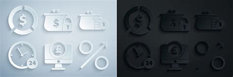 파운드 스털링 기호 지갑 동전 시계 24시간 퍼센트 위쪽 화살표 닫힌 지갑 및 동전 달러 아이콘으로 컴퓨터 모니터를 설정합니다 벡터 0명에 대한 스톡 벡터 아트 및 기타