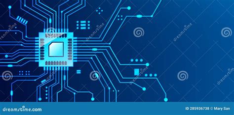 Microchip Processor Banner With Blue Background Vector Illustration