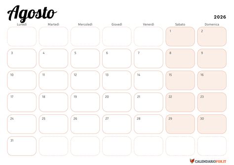 Calendario Agosto 2026 Con Numeri Delle Settimane