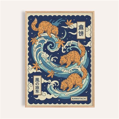 Kamaitachi Wall Art Stylized Weasel Spirits Orange Blue Beige Etsy