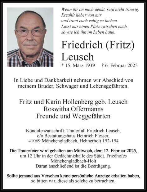 Alle Traueranzeigen Für Friedrich Leusch Trauerrp Onlinede