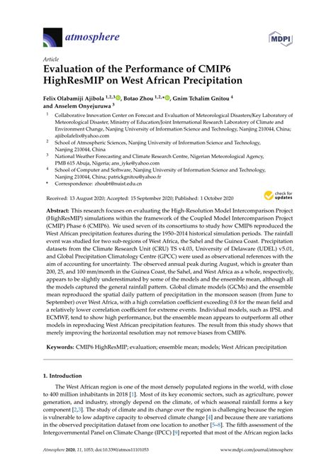 Pdf Evaluation Of The Performance Of Cmip6 Highresmip On West African