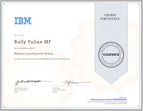 Certified In Machine Learning With Python From Ibm Provided By Coursera