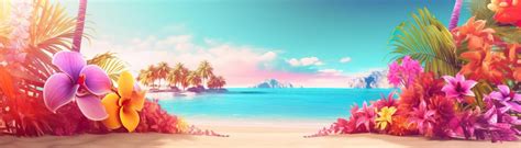 Premium Ai Image Colorful Tropical Flowers Frame A Serene Beach With Palm Trees On Small