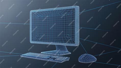 Wireframe Computer Monitor Keyboard Mouse Blue Premium Ai Generated Image