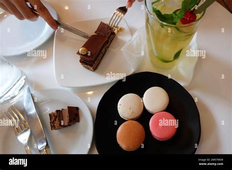 French Chocolate Opera Cake And Assorted Macaronmacaroon Served With
