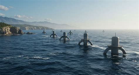 Rows Of Futuristic Cylindrical Structures With Tripodal Bases Float In