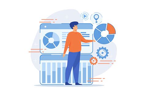 보고서 차트 시각화 분석 통계 분석 새로운 혁신적인 인포 그래픽 시각화 응용 프로그램을 제시하는 개발자 플랫 벡터 현대 일러스트 레이 션 개념에 대한 스톡 벡터 아트 및