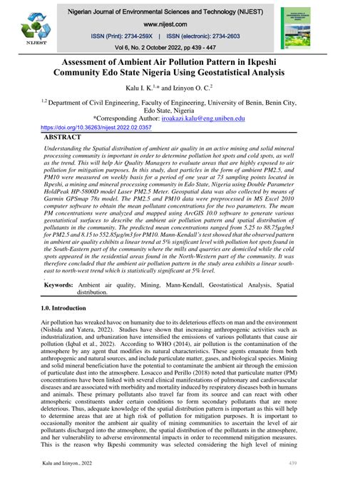 Pdf Assessment Of Ambient Air Pollution Pattern In Ikpeshi Community Edo State Nigeria Using