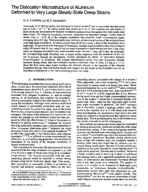 Pdf The Dislocation Microstructure Of Aluminum Deformed To Very Large Steady State Creep Strains