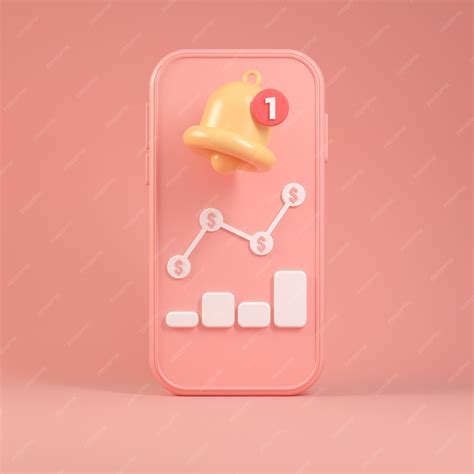 3d 렌더링 알림 벨 아이콘 경고 보고서 스마트 휴대 전화 그림 배경에 인포 그래픽 금융 차트 프리미엄 사진