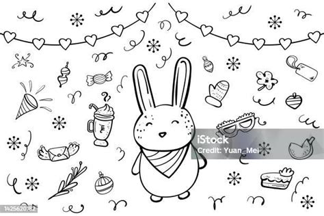 토끼와 크리스마스 장식 만화 스타일의 물 낙서 파티 색칠 공부 책 12월에 대한 스톡 벡터 아트 및 기타 이미지 12월