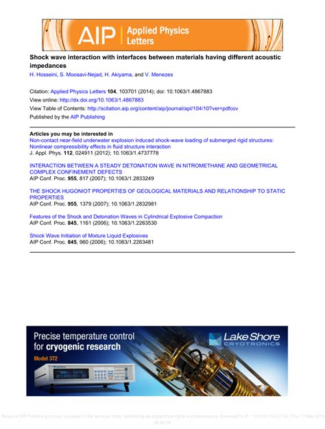 Pdf Shock Wave Interaction With Interfaces Between Materials Having Different Acoustic Impedances