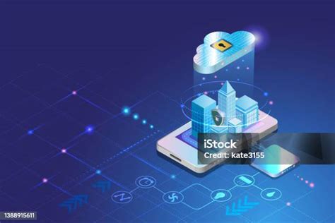 디지털 무선 클라우드 컴퓨팅 기술과 사이버 보안 보호를 통해 미래지향적인 배경을 가진 스마트 시티 빌딩 사물 의 인텔리전스 5g 인터넷 개념 건축에 대한 스톡 벡터 아트 및