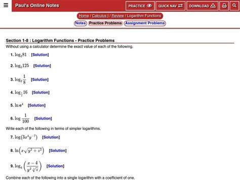paul s online notes logarithmic functions practice problems activity