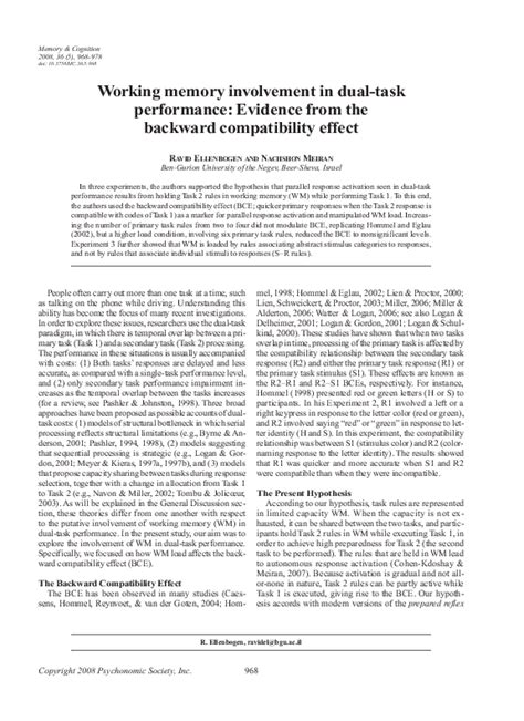 Pdf Working Memory Involvement In Dual Task Performance Evidence