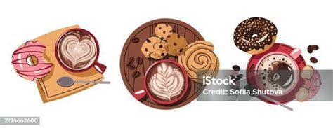 롤빵 도넛 쿠키가 있는 커피 컵 세트를 플랫 만화 스타일로 만듭니다 맛있는 커피 음료 디저트 아침 식사 구성 메뉴 평면도 스티커 엽서 등 커피잔에 대한 스톡 벡터 아트 및