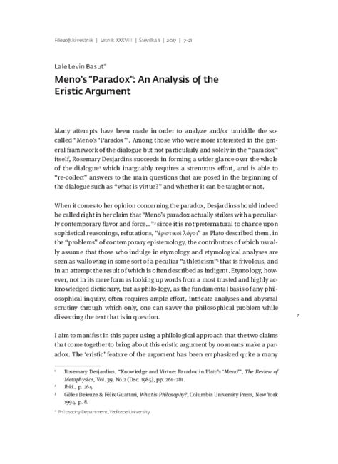 Pdf Meno S Paradox An Analysis Of The Eristic Argument
