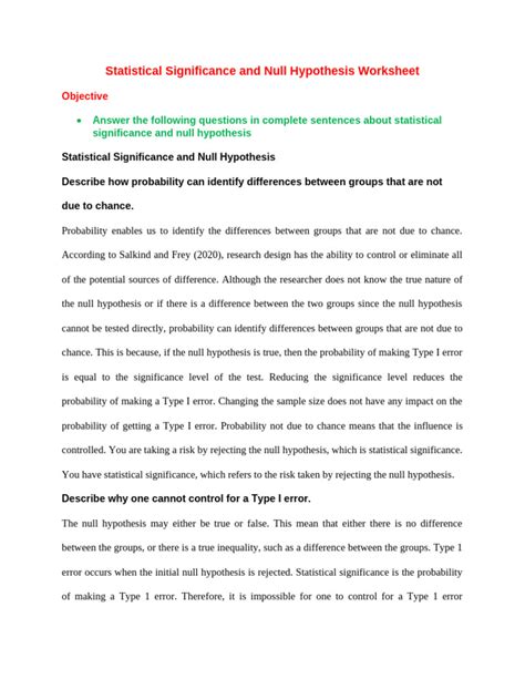 Statistical Significance And Null Hypothesis Worksheet Pdf Statistical Significance Type I