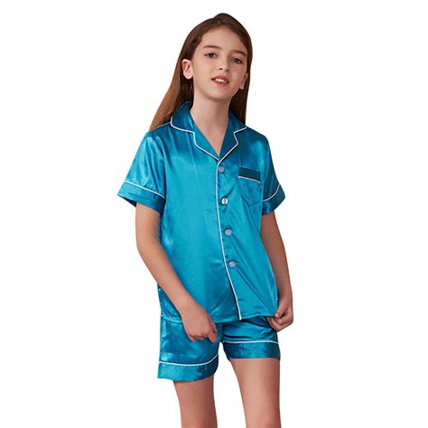 Tween Silk Pajamas Girls Solid Color Girls Button Down Pajamas Set