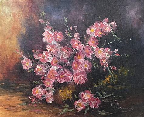 Annie Faure Original 20th Century French Oil Pink Flowers Illuminated