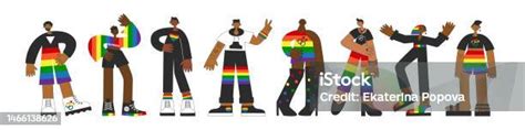 흑인 게이 사람들의 집합입니다 무지개 깃발 색상과 자부심 상징을 가진 아프리카계 미국인 Lgbt 남성 포용 다양성 평등 인식