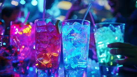 A Close Up Of Neon Lit Cocktails And Party Glasses With Guests Enjoying