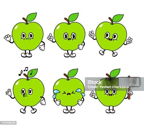 재미 귀여운 사과 캐릭터 번들 세트 벡터 손으로 그린 낙서 스타일 전통 만화 빈티지 복고풍 캐릭터 일러스트 아이콘 디자인 고립 된 흰색 배경 해피 사과 0명에 대한 스톡