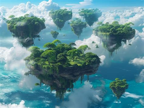 Surreal Floating Islands With Lush Greenery Above Clouds In A Vibrant