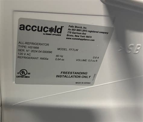 2024 Accucold Ff7lw White Undercounter Refrigerator Vision Equipment