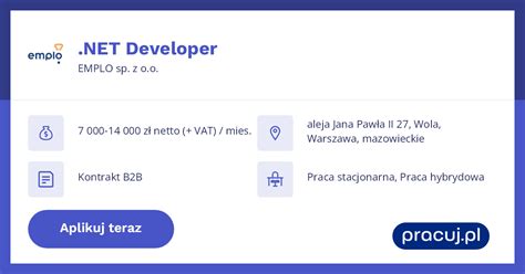 Oferta Pracy Net Developer Emplo Sp Z Oo Warszawa