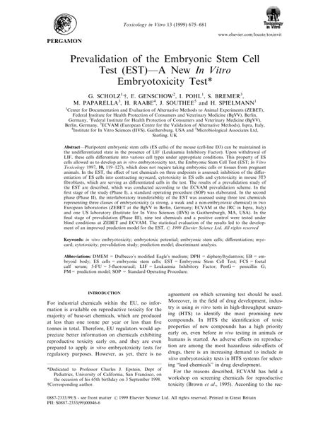 Pdf Prevalidation Of The Embryonic Stem Cell Test Est —a New In Vitro Embryotoxicity Test 1 1