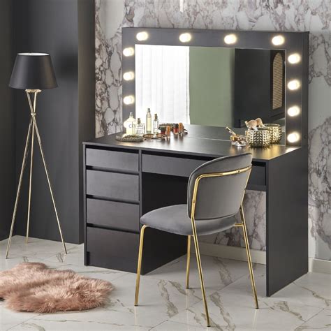 שולחן איפור Holly Xl שחור עם מראה ותאורה