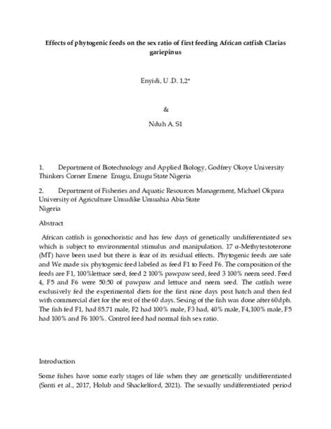 Doc Effects Of Phytogenic Feeds On The Sex Ratio Of First Feeding