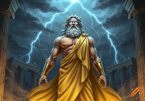 A Muscular Bearded Zeus With Glowing Eyes Wears A Golden Toga