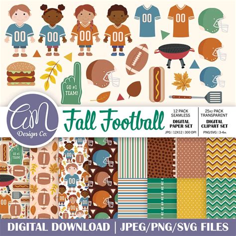 Fall Football Digital Paper And Clipart Set Sports Seamless Game Day