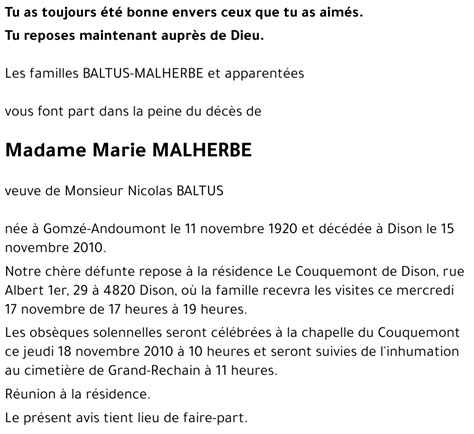 Avis De Décès De Marie Malherbe Décédé Le 15112010 à Dison Annonce Condoléances Fleurs